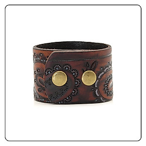 Fusamk Punk Rock Print Pattern Wristband Wide Leather Cuff Bracelet(Brown Leather)
