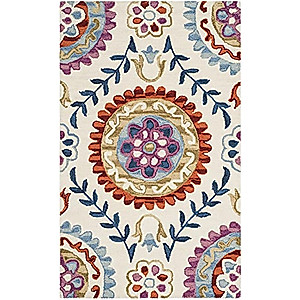 SAFAVIEH Suzani Collection 3' x 5' Ivory/Multi SZN374B Hand-Hooked Boho Premium Wool Area Rug