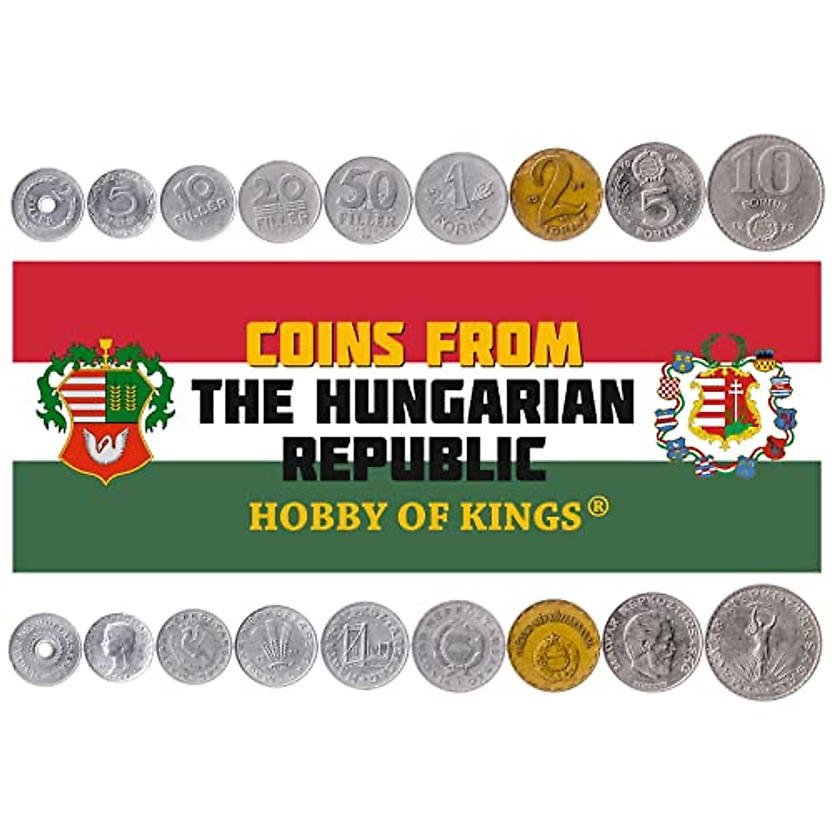 9 Coins from Hungary | Hungarian Coin Set Collection 2 5 10 20 50 Filler 1 2 5 10 Forint | Circulated 1967-1981 | Lajos Kossuth | Dove | Liberty Statue | Elisabeth Bridge