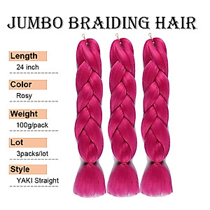 Pink Braiding Hair Extension 3pcs/Lot Crochet Jumbo Braids Hair 100g/pc Hot Pink Braids Hair Synthetic Crochet Twist Braid Hair Extension for Box Braids (24Inch,Rosy)