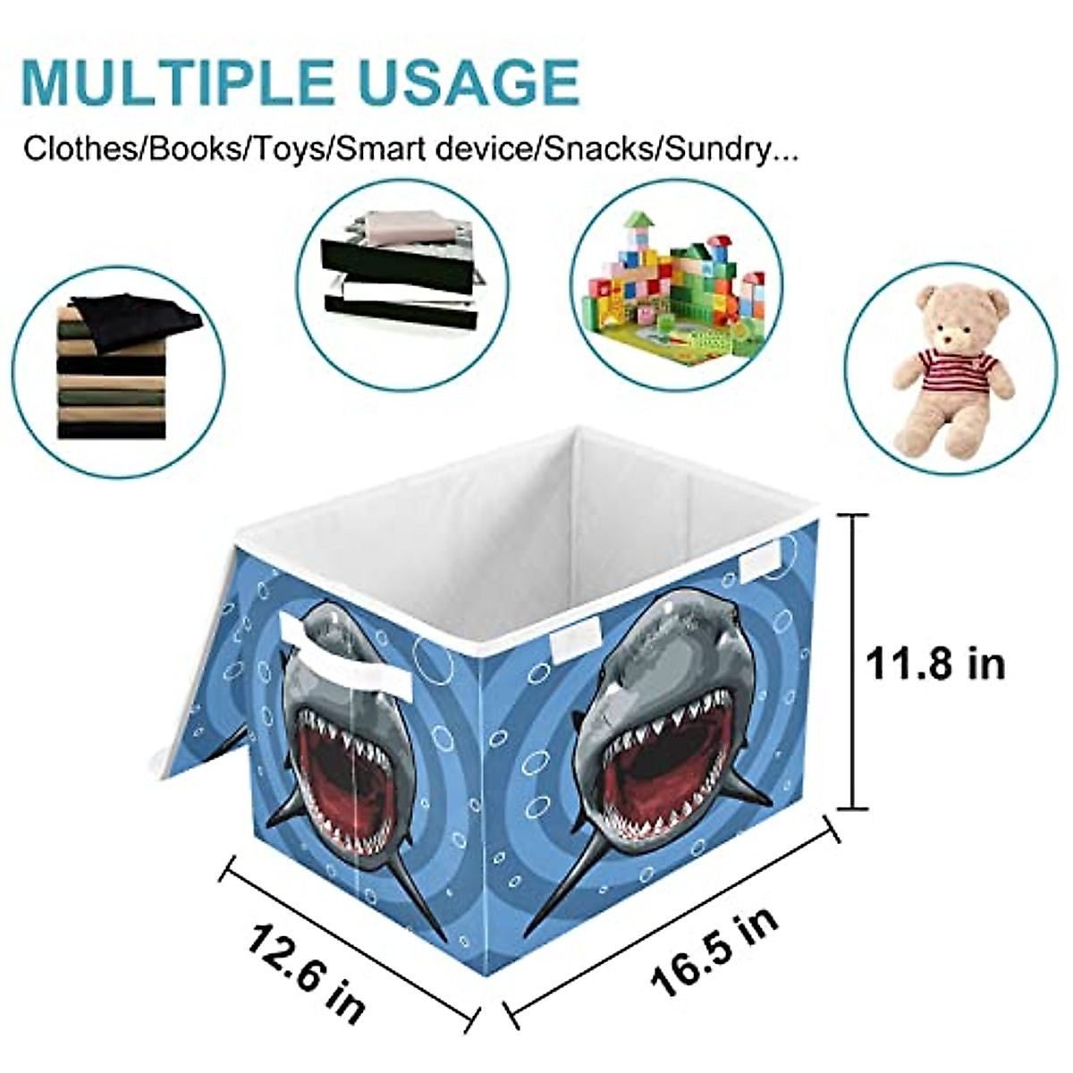 CaTaKu Sea White Shark Storage Bins with Lids and Handles, Fabric Large Storage Container Cube Basket with Lid Decorative Storage Boxes for Organizing Clothes