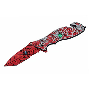 8” Red Spiderweb Assisted Open Pocket Folding Edc Knife Red Stainless Steel Clip Point Blade With Spider Web Print Red Aluminum Handle With Green Jewel Inlay