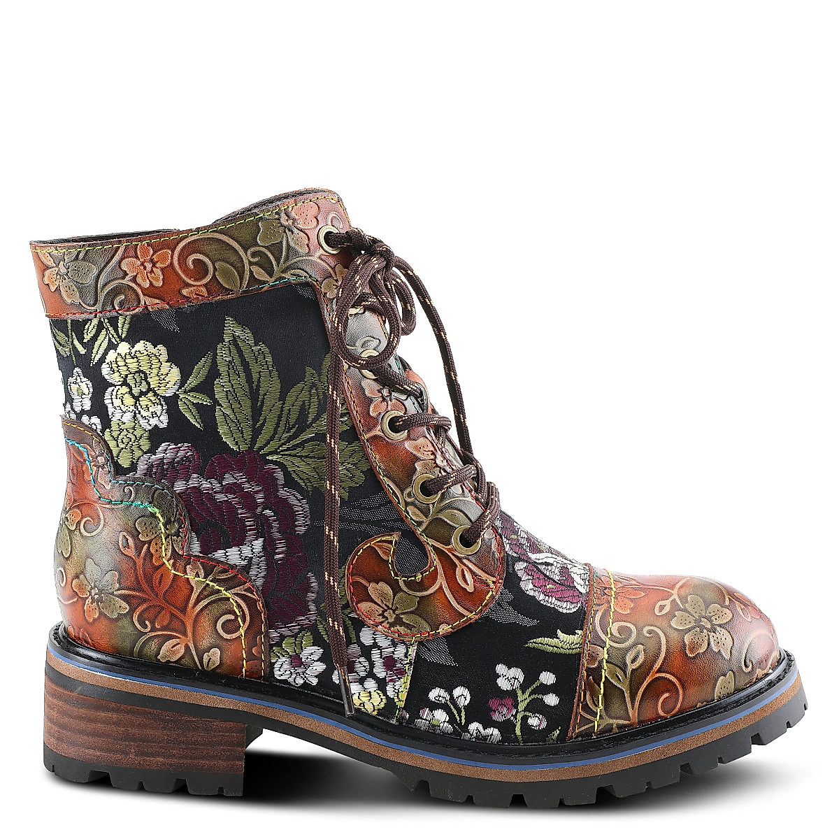 Spring Step L'Artiste Fantastic Booties for Women - Floral Hand Painted Womens Ankle Boots Low Heel - Everyday Wear Leather and Textile Western Booties Brown Multi EU 36 / US 5.5-6