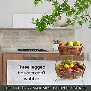 CIBENI Gold Fruit Basket Stand - 13" x 15"H Handcrafted 2 Tier Fruit Basket for Kitchen Counter Fruit Holder for Kitchen Countertop - Gold