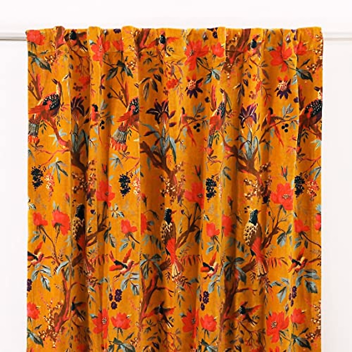 Velvet Curtains, Luxury Drapes for Living & Bedroom Curtains, Many Color Velvet Curtains, Boho Custom Curtains Window Treatments Panels, Floral & Bird (1, Yellow, 47 W X 84 L)