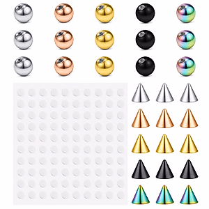 JFORYOU Fake Eyebrow Ring Fake Lip Labret Studs Replacement Balls Spike with 100pcs Sticker Non-Piercing Body Jewelry Fake Skin Piercing