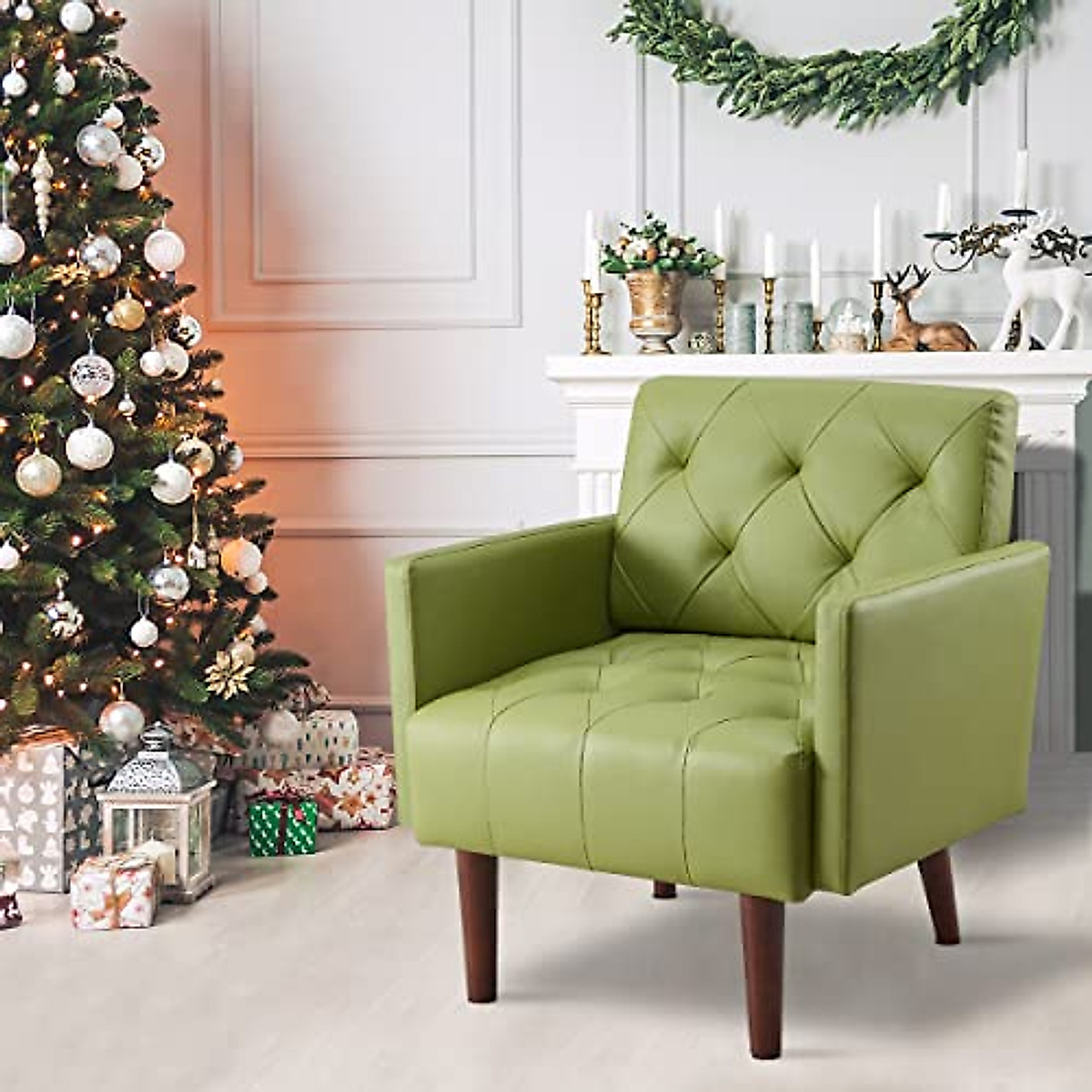 PEIHONGET Faux Leather Accent Chair, Modern Retro Arm Chair for Living Room and Bedroom Tufted Upholstered Sofa Club Chair Comfy Armchair for Small Spaces Bedroom Office (Olive)