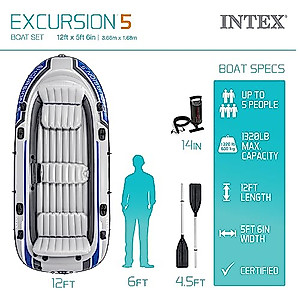 INTEX 68325EP Excursion 5 Inflatable Boat Set: Includes Deluxe 54in Aluminum Oars and High-Output Pump – Adjustable Seats with Backrest – Fishing Rod Holders – 5-Person – 1320lb Weight Capacity