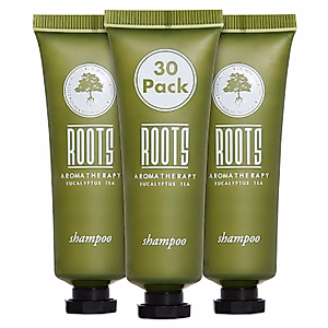 ROOTS AROMATHERAPY Shampoo 1floz/30mL Travel Size Hotel Bulk Pack (Eucalyptus Tea fragrance) Toiletries for Bathroom, Guests, Hotels, Motels, and Lodging (30 pack)