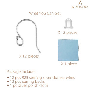BEADNOVA Earring Hooks 925 Sterling Silver Ball Dot Ear Wire with Rubber Earring Backs Earwire for Jewelry Making Earring Supplies (12pcs Ear Wire and 12pcs Earring Backs, Total 24pcs)