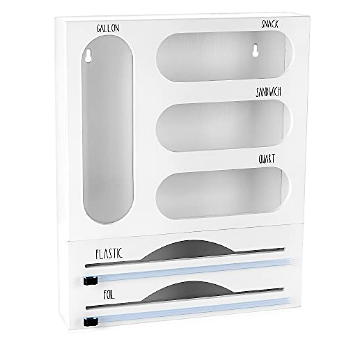 2 in 1 Ziplock Bag Storage and Tin Foil Organizer, Plastic Wrap Dispenser with Cutter for Kitchen Drawer, Bamboo Wood Food Organizer Gallon, Slider Quart, Sandwich Snack, White