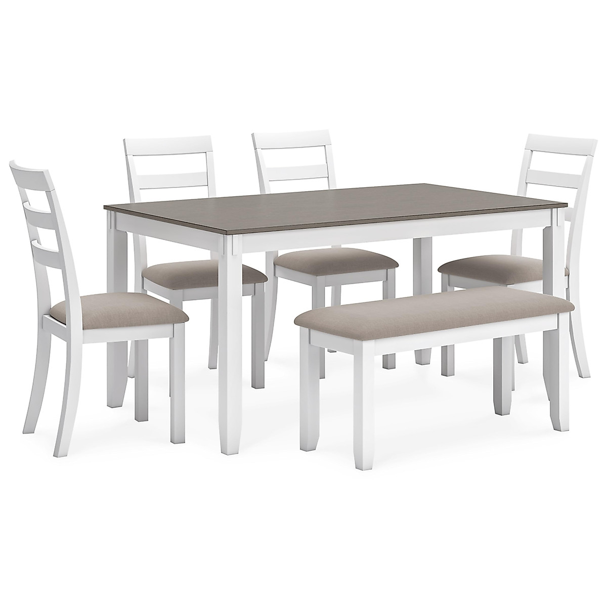 Signature Design by Ashley Stonehollow Modern Farmhouse Dining Table with Upholstered Chairs and Bench, Set of 6, White & Gray