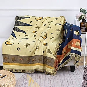 Hippie Throw Blanket Sun Moon Stars Boho Throw Blankets Celestial Tapestry Double-Sided Reversible Woven Cotton Home Decor Bedding Chair Couch Recliner Cover Oversized Tassels Astrology 50"x70"