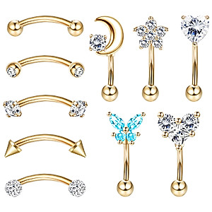 Drperfect 10Pcs 16G Rook Daith Earrings for Women Stainless Steel Belly Lip Ring Cartilage Tragus CZ Body Piercing Curved Barbell Eyebrow Rings 6-8mm