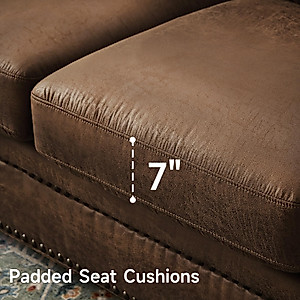 ONBRILL 84" Faux Leather Couch, Mid-Century Modern Couch w/Brass Nailhead Trim, 3 Seater Sofa Couch w/Rolled Arm, Pocket Spring Cushions, Gourd Feet, Dark Brown Couch Leather Sofas for Living Room