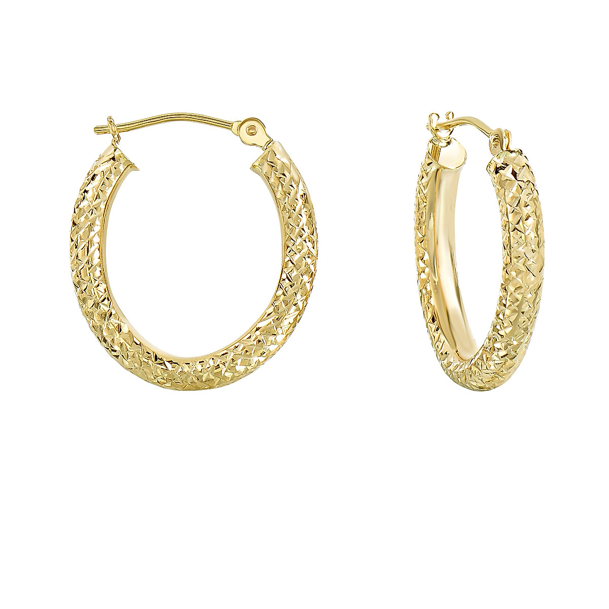 14k Yellow Gold X-pattern Diamond-cut Oval Hoop Earrings