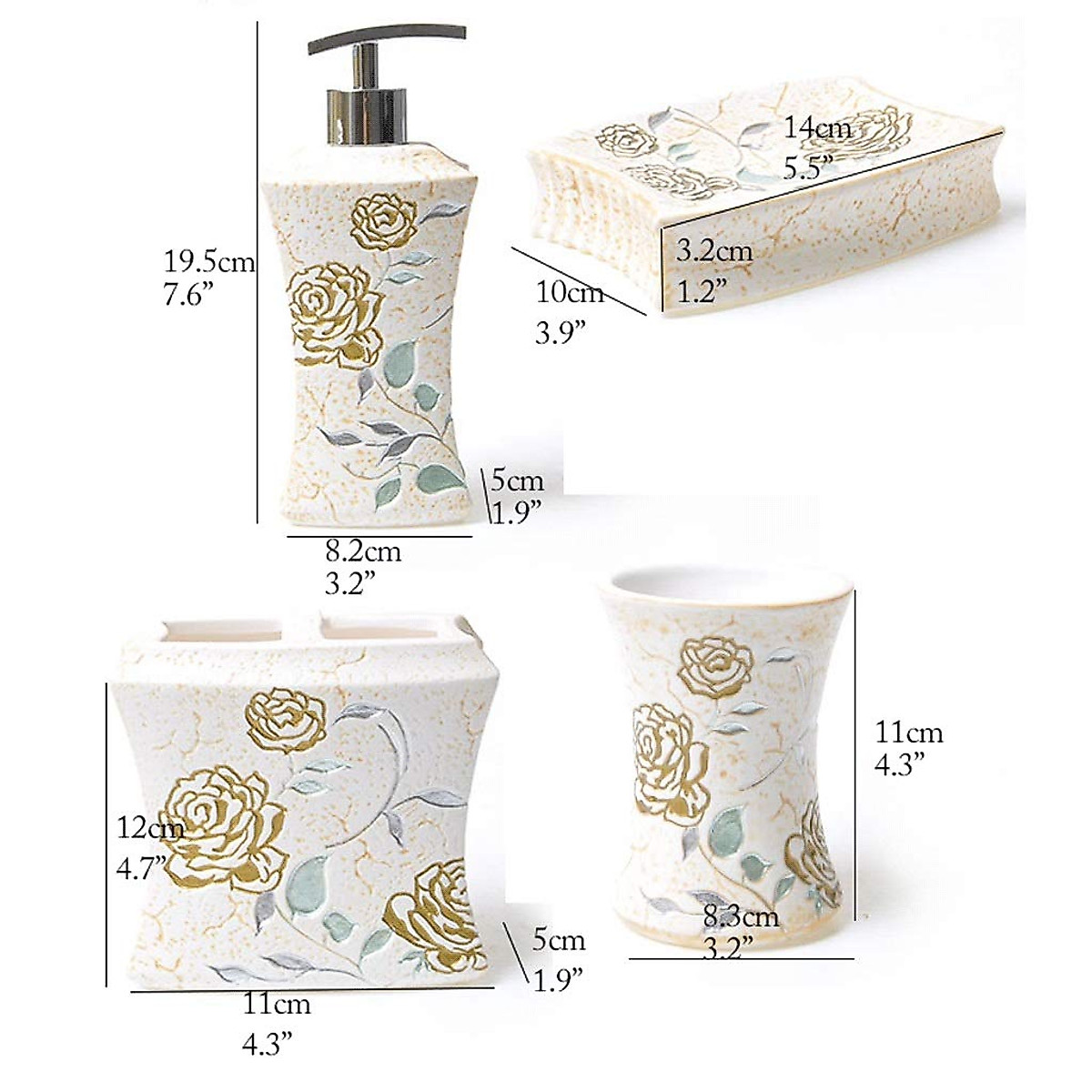 JHGCCL Countertop Soap Dispensers Golden Rose Flower Bathroom Accessory Set 5/6-piece Bathroom Set Soap Dispenser,Toothbrush Holder,Tumbler,Soap Dish,Bamboo Tray Soap dispensers (5piece Bathroom Set)