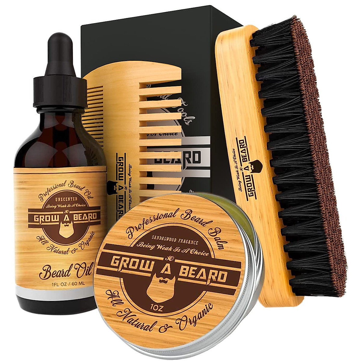 Beard Brush, Beard Comb, Beard Oil, & Beard Balm Grooming Kit for Men's Care, Travel Bamboo Facial Hair Set for Growth, Styling, Shine & Softness, Great Gifts for Him