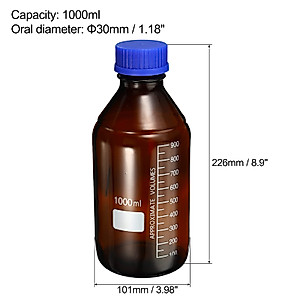 PATIKIL 1000mL Reagent Media Bottle, 2Pcs Round Graduated Glass Storage Bottle Blue Screw Cap for Chemistry Lab Universities Home, Amber