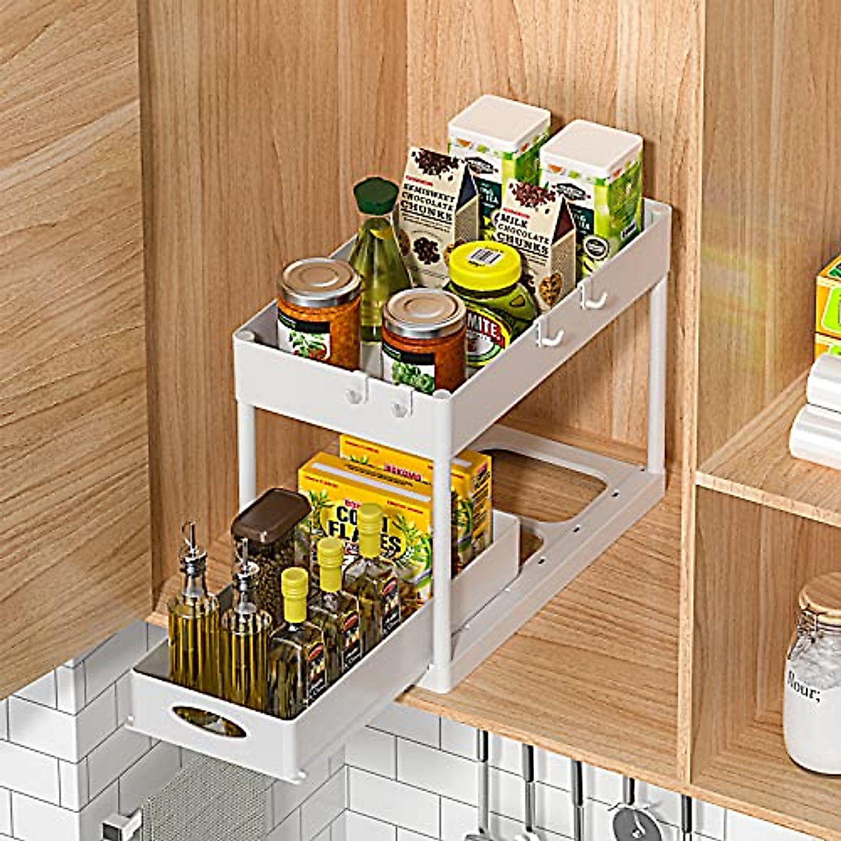 PUILUO Under Sliding Cabinet Basket Organizer, 2 Tier Under Sink Organizers White Under Sink Storage for Bathroom Kitchen