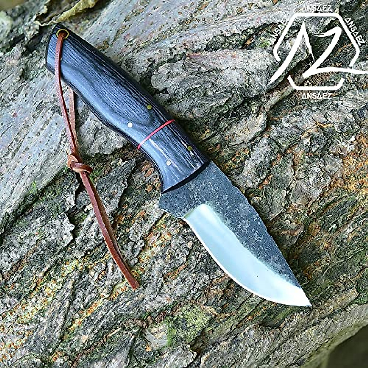 ZEASNA ZE-HK-51 Handmade Carbon Steel hunting knife with Leather Sheath Outdoor Full Tang Fixed blade Bushcraft Knife, survival knife for Hunting Camping Skinning with Wood Handle (Black)