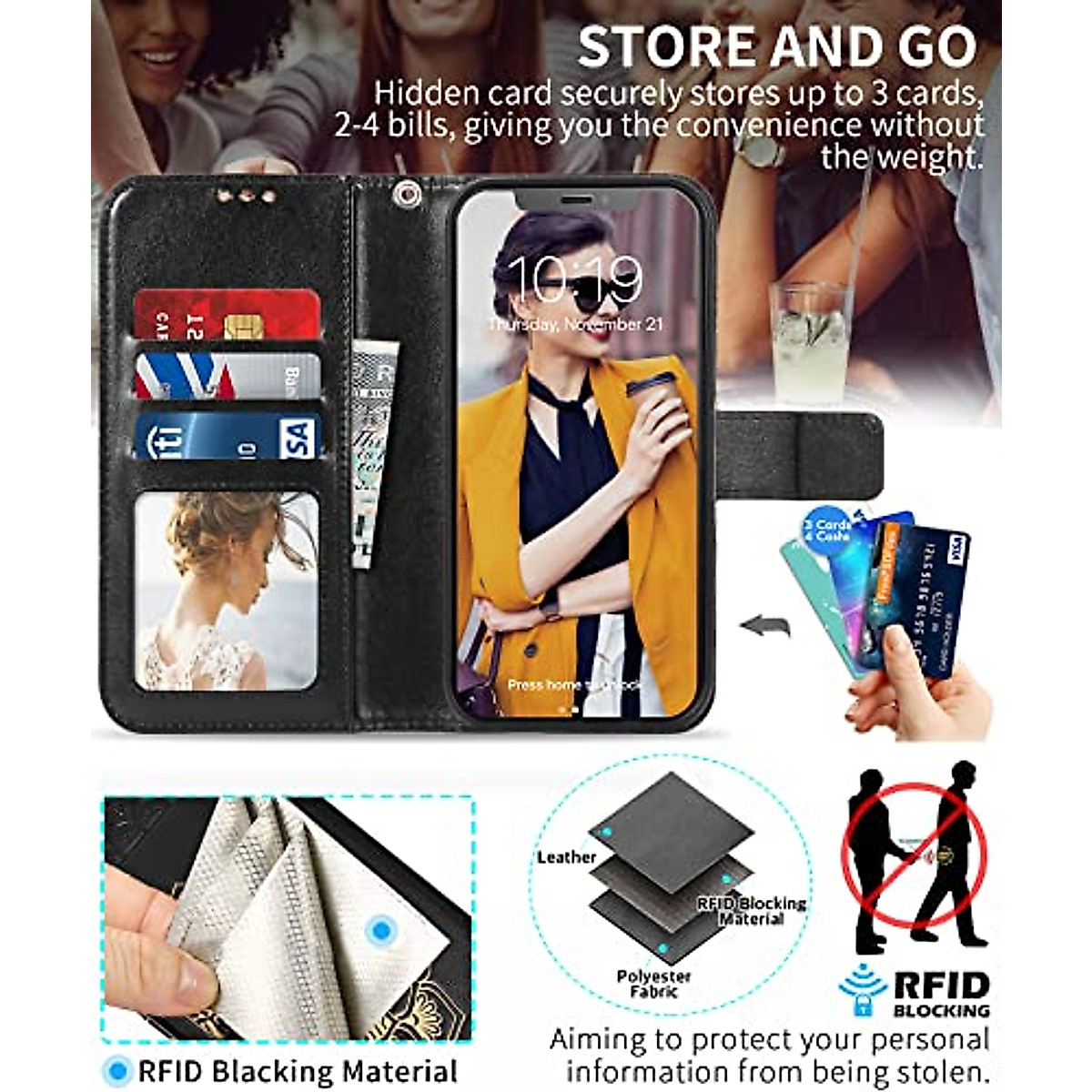 CASEOWL Compatible for iPhone 13 Wallet Case Magnetic Detachable-2 in 1 Mandala Embossed Flip Leather Wallet Case for Women Girls [RFID Blocking]with Card Holder, Hand Strap for iPhone 13 2021(Black)