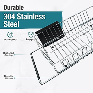 DOLRIS Dish Drying Rack, Dish Drainer for Kitchen Counter, SUS304 Stainless Steel Dish Rack with Utensil Holder and Dish Drying Mat, Silver