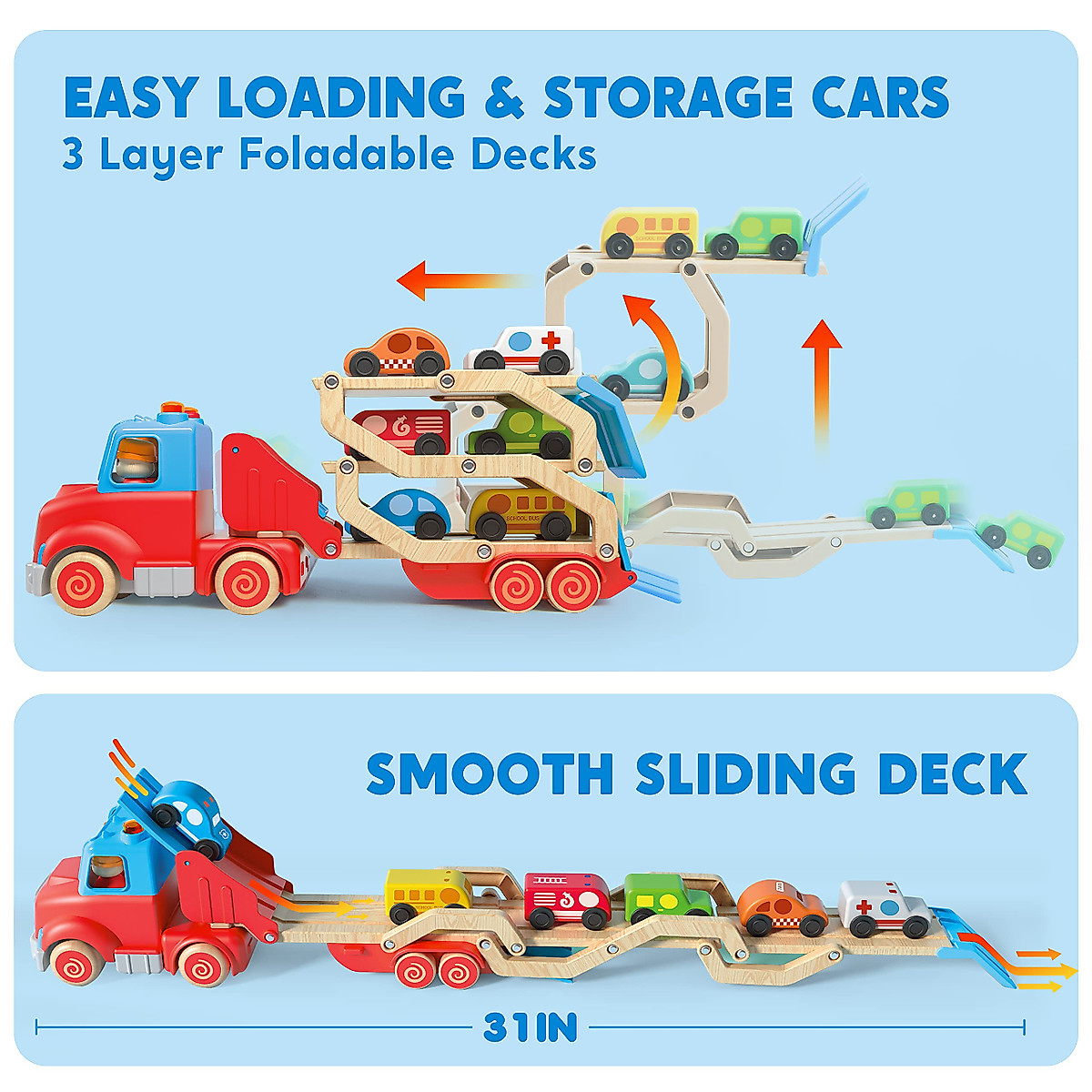 JOYIN Wooden Carrier Truck for Boys - 9 in 1 Foldable Track Carrier Truck Set, 1 Transport Toy Truck with 6 Wooden Cars, 2 Action Figures, 3 Layer Transformable Carriage Set, Toy Cars for Toddlers