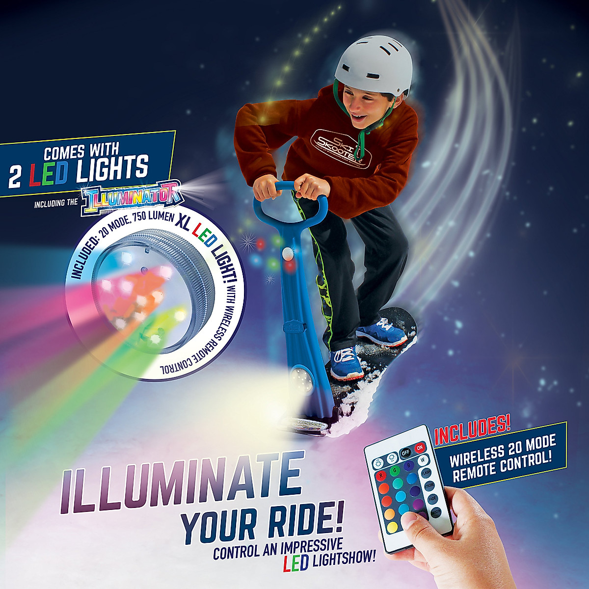 Geospace Twin LED Illuminator Ski Skooter Snow Sled with 2 LED Lights for Winter Fun & Max Visibility: Fold-up Portable Snowboard Kick-Scooter Sled for Use on Snow (Blue)