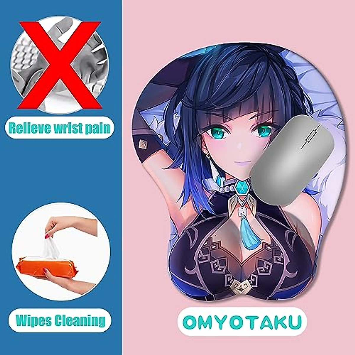 Yelan 3D Anime Mousepads, Genshin Impact Silicone Gel Wrist Ergonomics Gaming Mice Mat, Comic Wrist Rest Support Oppai Mouse Pad (YeLan a)