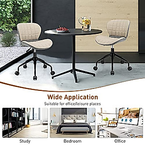 Giantex Home Office Desk Chair, 360° Swivel Height Adjustable Office Chair w/PU Leather, Modern Office Chair, Ergonomic Curved Wood Desk Chairs, Leather Armless Task Chair for Office, Beige & Grey