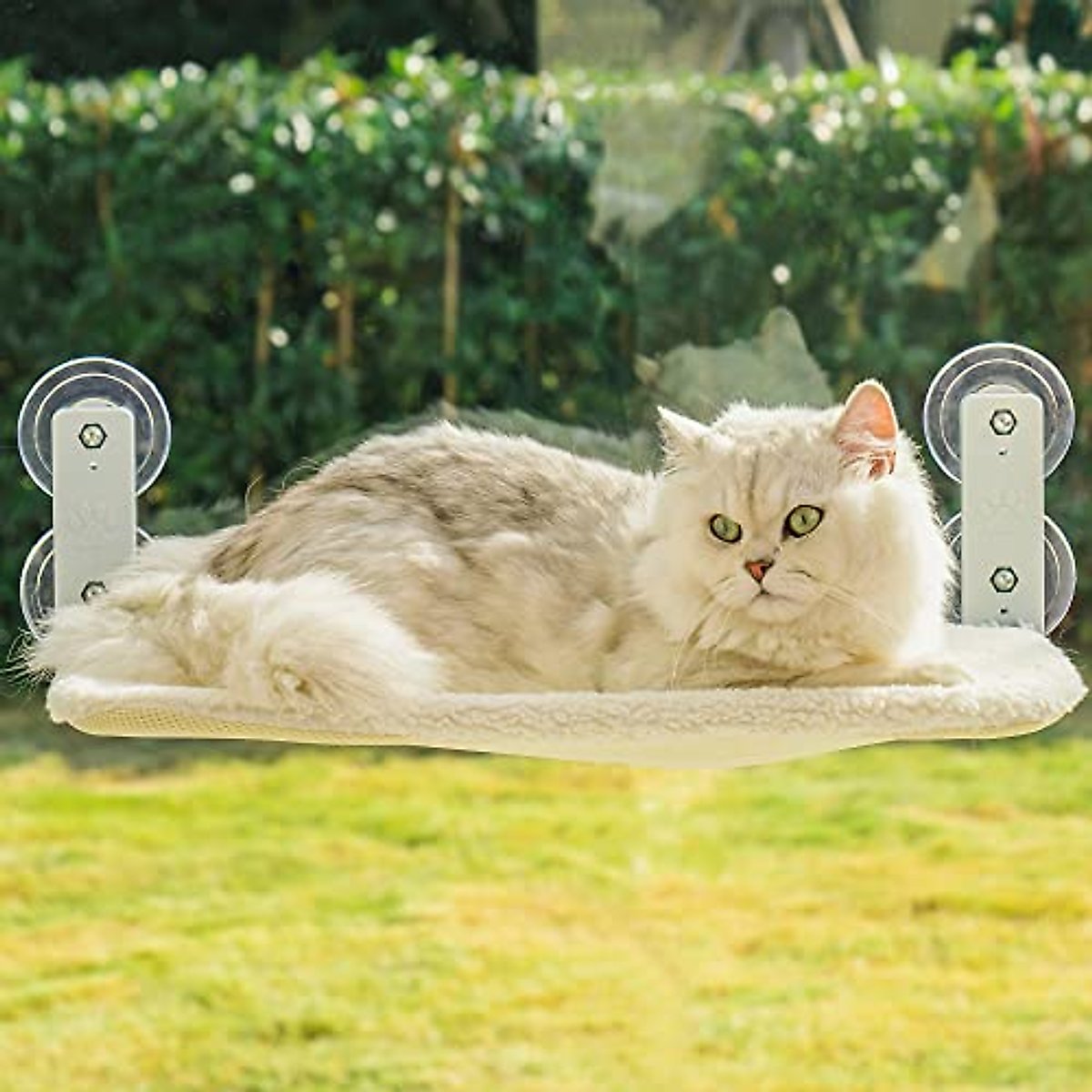 Cat Window Perch Durable Cat Hammock Seat for Indoor Cats Reversible Mat Use Year-Around Foldable Cat Bed Providing All-Around Sunbath Saving Space Washable Holds Up to 40 lbs (Plush Beige)
