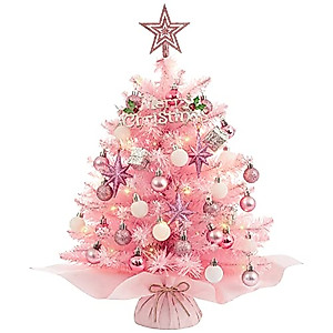 XmasExp 20in Mini Christmas Tree with Lights Pink Small Christmas Tree Artificial Tabletop Xmas Decor Holiday Decoration for Home, Office, Party