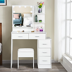 JBLCC Makeup Vanity with Lighted Mirror,Large Vanity Desk with Storage Shelves & 5 Drawers,Cushioned Stool,Makeup Vanity Table with Lights for Bedroom (3080)