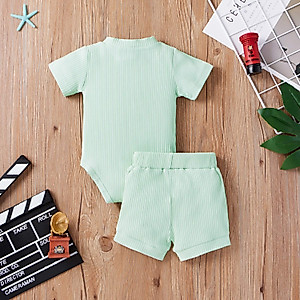 Meiweileya Newborn Baby Boy Girls Clothes Solid Ribbed Short Sleeve Romper Shorts Set Summer Outfits (Light Green, 0-3 Months)