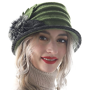 Women's Wool Dress Church Cloche Hat Bucket Winter Floral Hat (Green)
