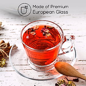 Volarium Tea Cups and Saucers Sets, 6PCs Clear Glass Coffee Mugs and 6PCs Glass Saucers, Ideal 6.5 Ounce Size for Cappuccino, Specialty Coffee Drinks, Latte, Cafe Mocha and Tea