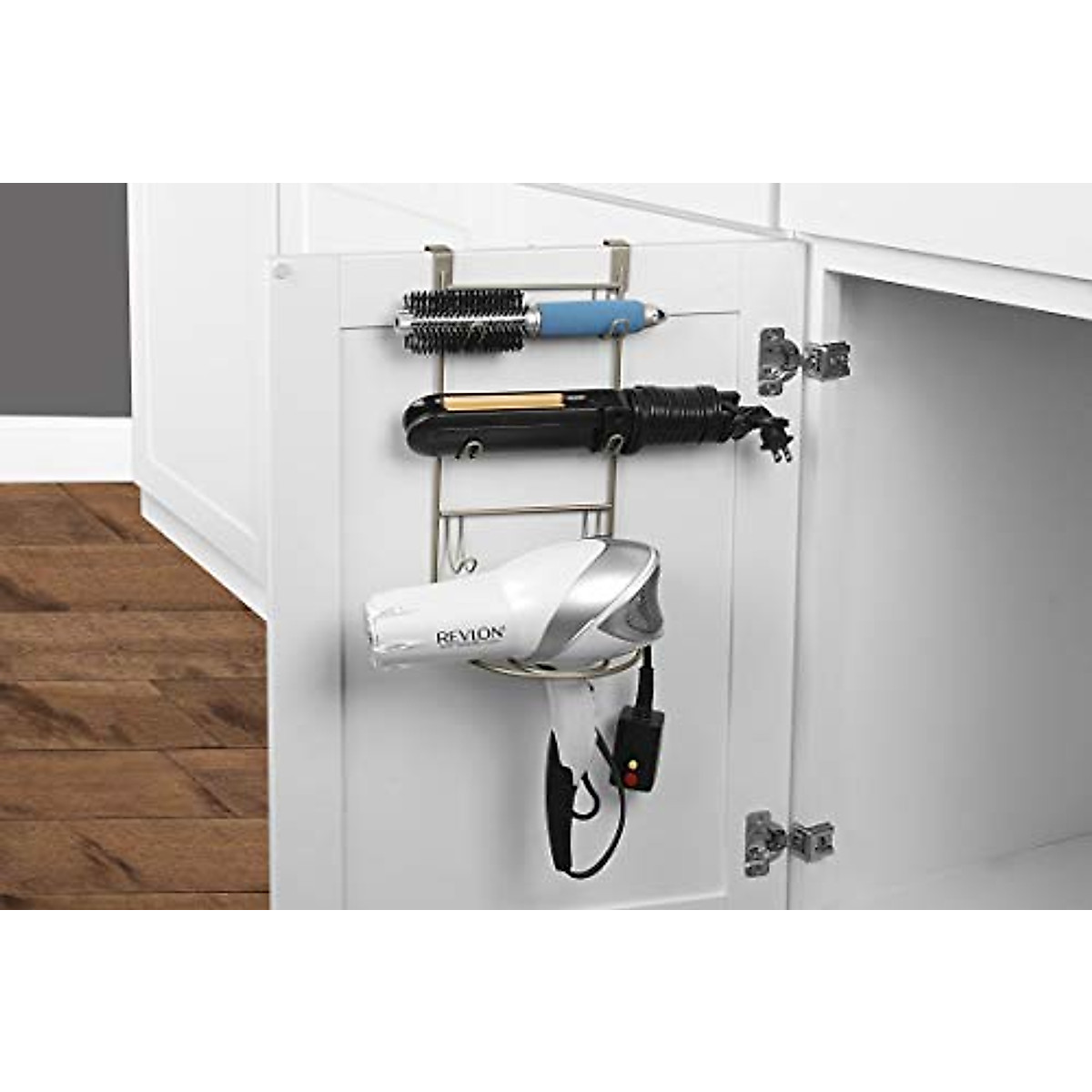 Spectrum Diversified myBella Over-The-Cabinet Station 4-Tier Styling, Flat Iron & Curling Wand Hooks with Blow Dryer Holder, Hair Tool Storage, Satin Nickel PC