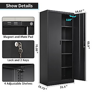 Wanfu Metal Storage Cabinet with Locking Doors and Adjustable Shelves, 71” Tall Steel Storage Cabinets for Garage, Home Office, Pantry(Black)