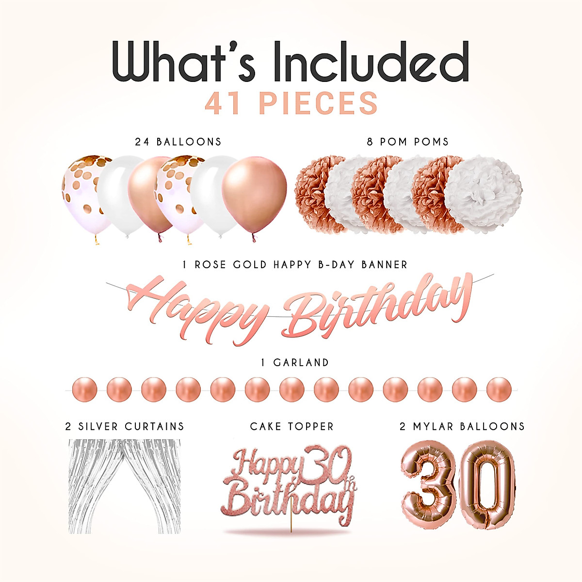 EpiqueOne 41-Piece Rose Gold 30th Birthday Decorations for Women | Includes Happy Birthday Banner, Cake Topper, Tissue Pom Poms & More | Easy to Set Up | Also Ideal for Bridal and Baby Showers & More