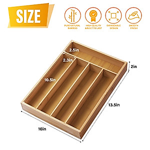 CherHome Silverware Organizer Utensil Drawer Organizer,Silverware Tray for Kitchen Drawer,Bamboo Flatware Tableware Cultery Caddy Utensil Tray Utensils Holder，5-Compartment，13.5" D x 10" W x 2" H