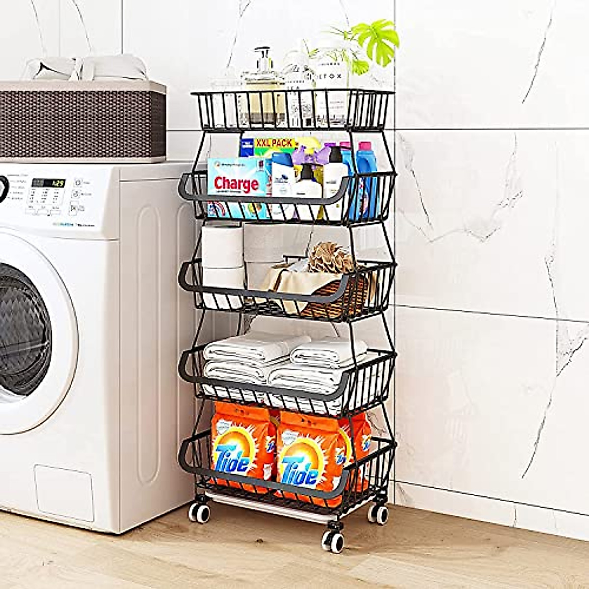 OKZEST 5 Tier Fruit Basket for Kitchen, Rolling Vegetable Fruit Storage Basket Stand Organizer Cart for Snack Potato Onion Produce, Utility Stackable Metal Wire Storage Bin Rack with Wheels for Pantry