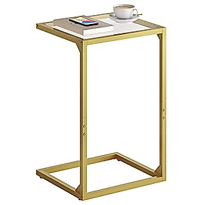 HOOBRO C-Shaped End Table, Tempered Glass Couch Table with Metal Frame, Narrow Snack Side Table for Small Space, Living Room, Bedroom, Modern and Simple, Gold GD04SF01