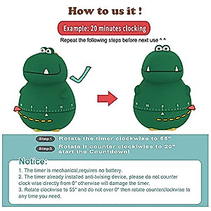 Cartoon Timer Kids Cute Kitchen Timer 60-Minute Timer Animal Reminder No Batteries for Study Work Exercise Home Desktop Decor (Dinosaur-Green)