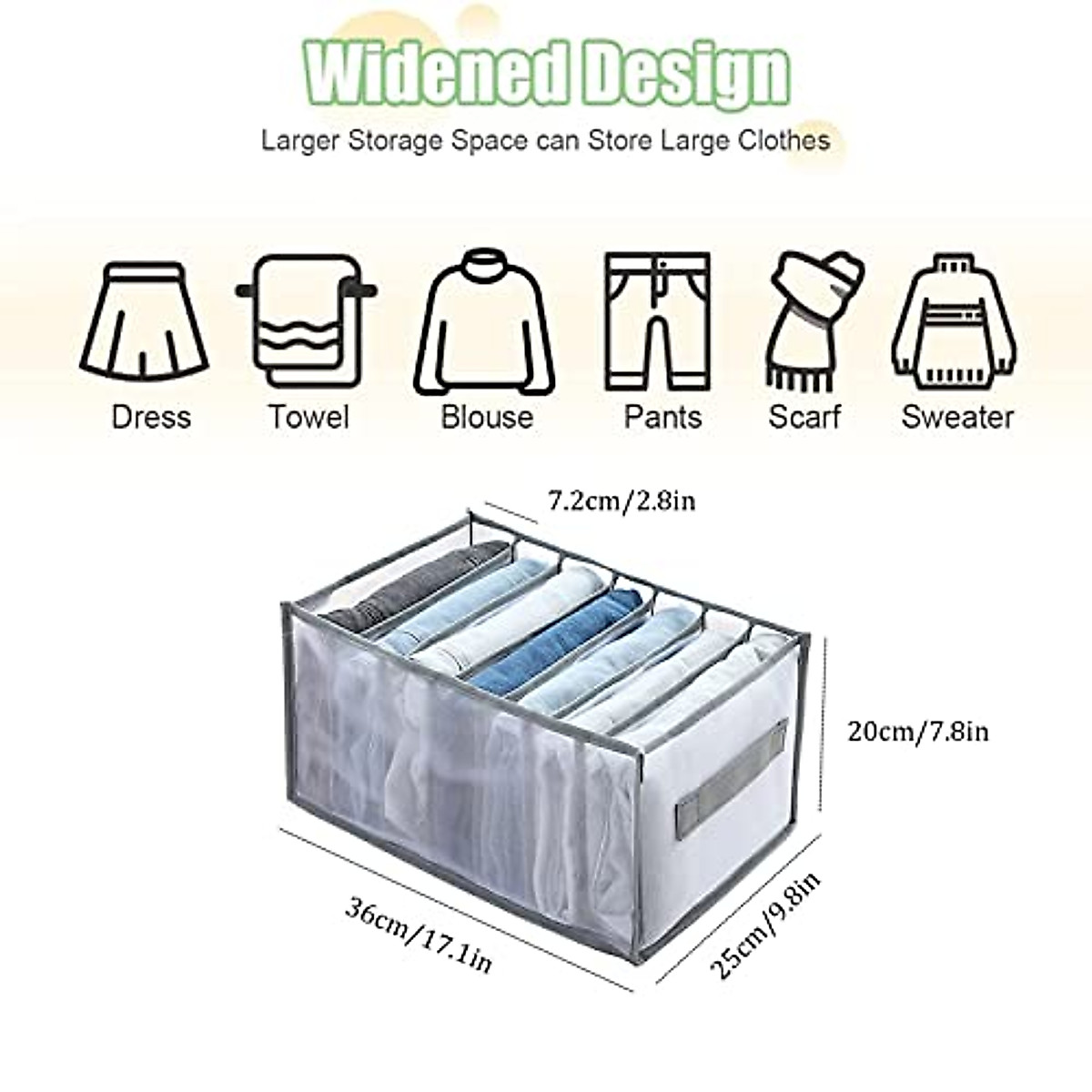 3PCS Washable Wardrobe Clothes Organizer, 7 Grids Foldable Visible Closet Organizer Clothes Drawer Mesh Separation Box for Jeans,Leggings,T-shirt,Skirts,Kid Clothes Compartment Storage Box