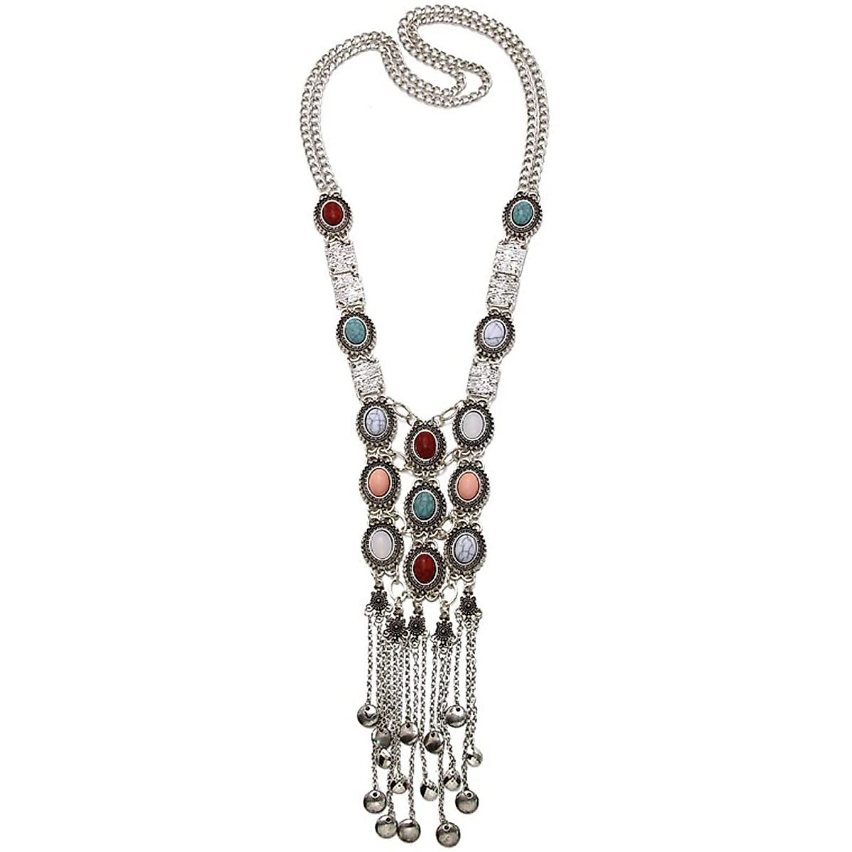 Tpocean Vintage Retro Rhinestone Silver Gold Turquoise Long Boho Bohemian Statement Ethnic Tribal Necklace for Women
