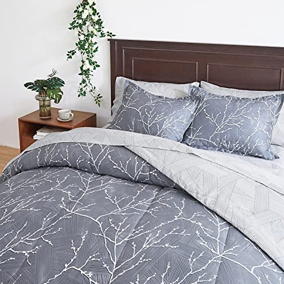 UOZZI BEDDING Cotton Gray Comforter Sheet Set Queen Size 7 Pieces Bed in a Bag with White Branch Soft Bed Set (1 Comforter 2 Pillow Shams 1 Flat Sheet 1 Fitted Sheet 2 Pillowcases)