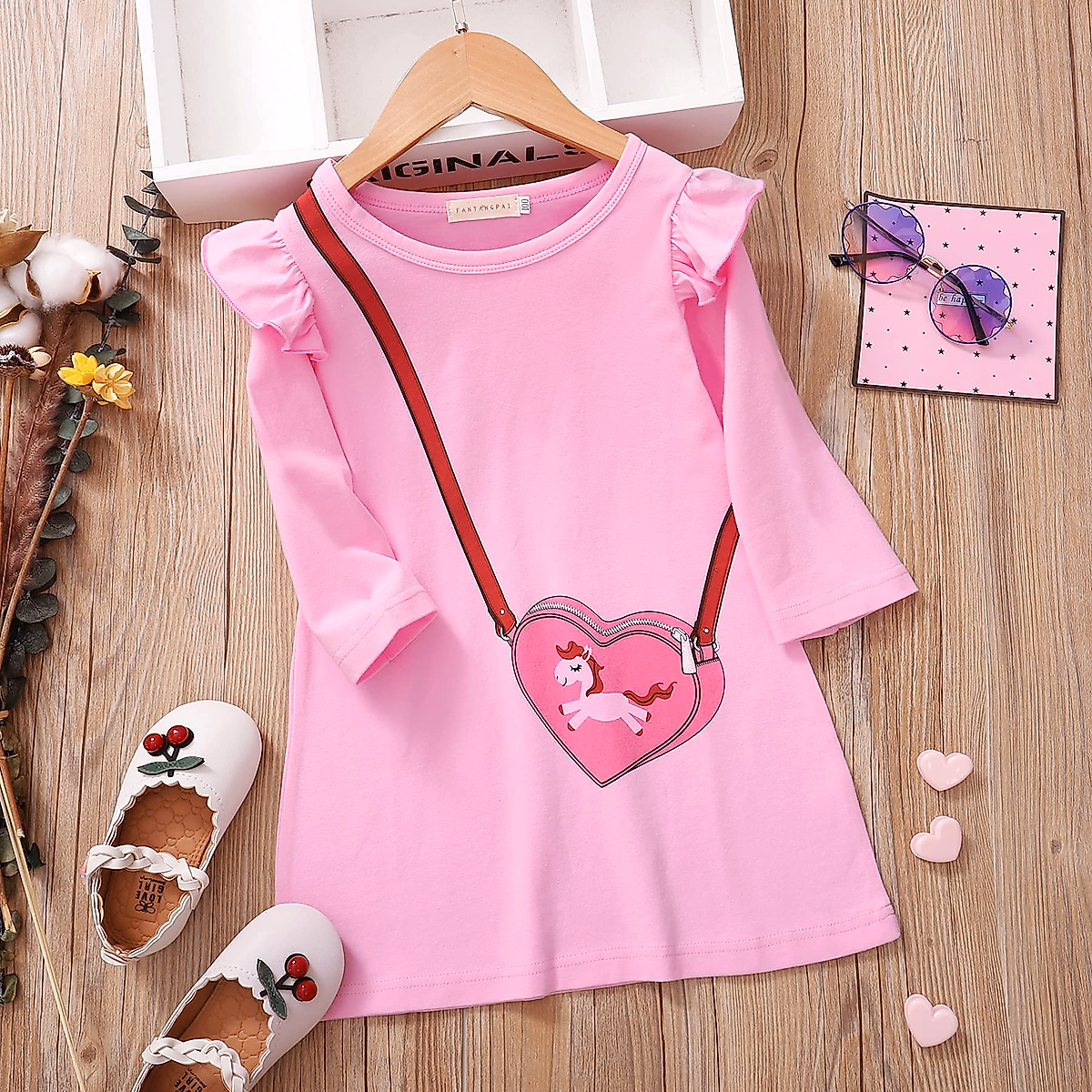 FANTANGPAI Toddler Girl Pink Heart Dress Long Sleeve Baby Girl Cotton Fall Outfit (Pink,8-9 Years)