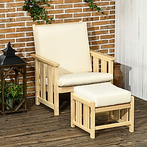 Outsunny 2-Piece Patio Furniture Set with 1 Armrest Single Chair and an Ottoman, Outdoor Wooden Chair with 4" Thick Padded Cushions for Backyard, Porch, and Poolside, Beige