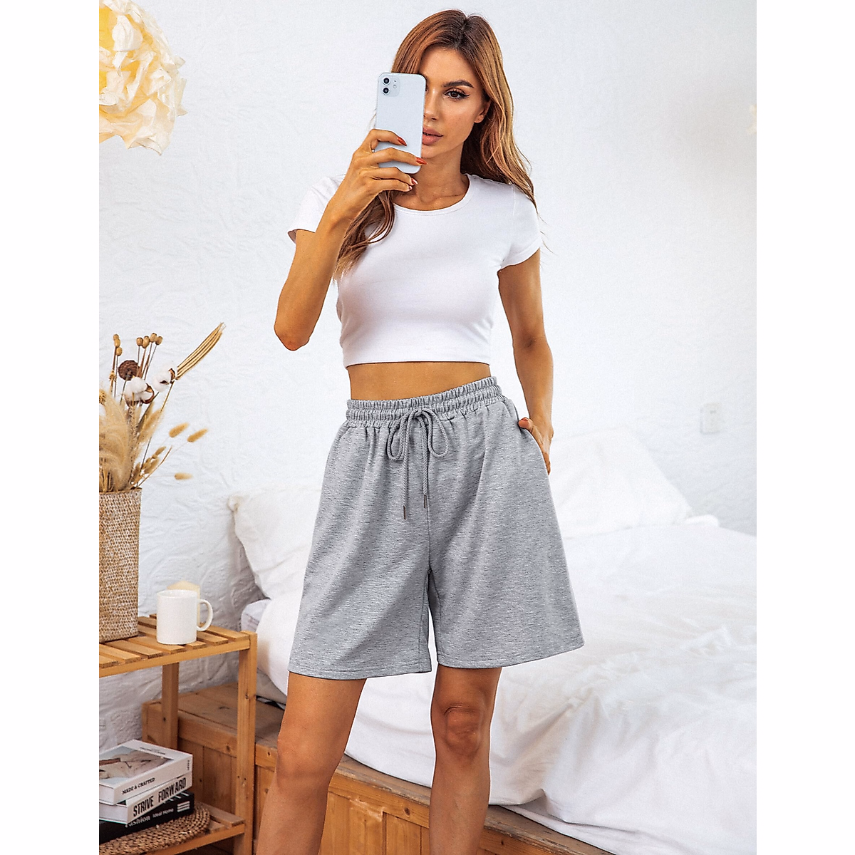 Quenteen Bermuda Shorts for Women Stretchy Gym Sweat Shorts Yoga Running Shorts Grey X-Large